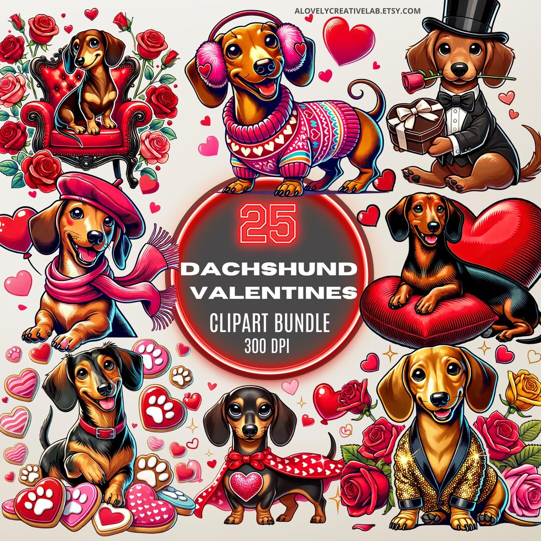 Valentine Dachshund Dog Clipart Bundle, Sausage Dog Png, Valentine's ...