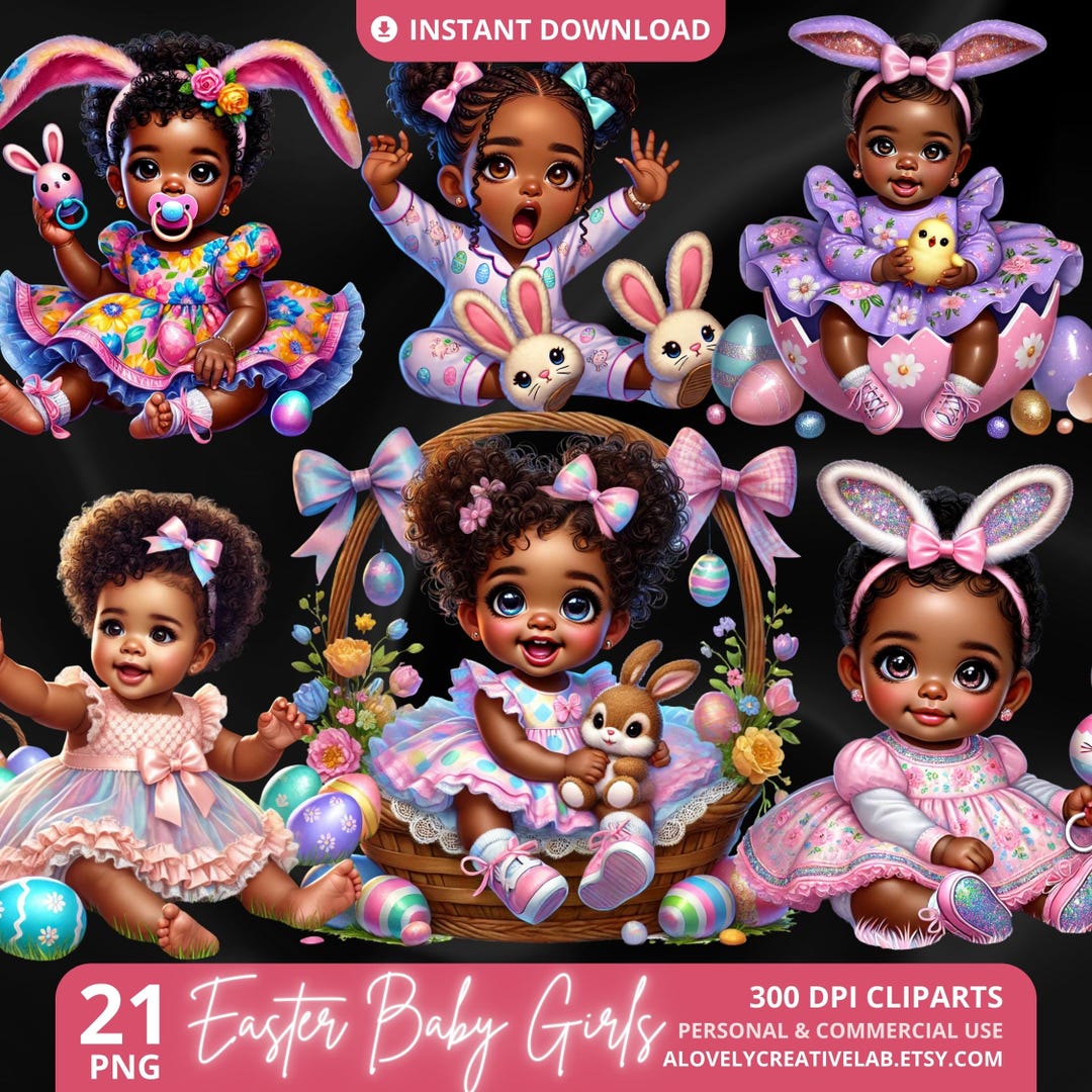 Easter Girls Clipart Bundle, Cute Black Girl PNG, Pastel Easter Digital ...