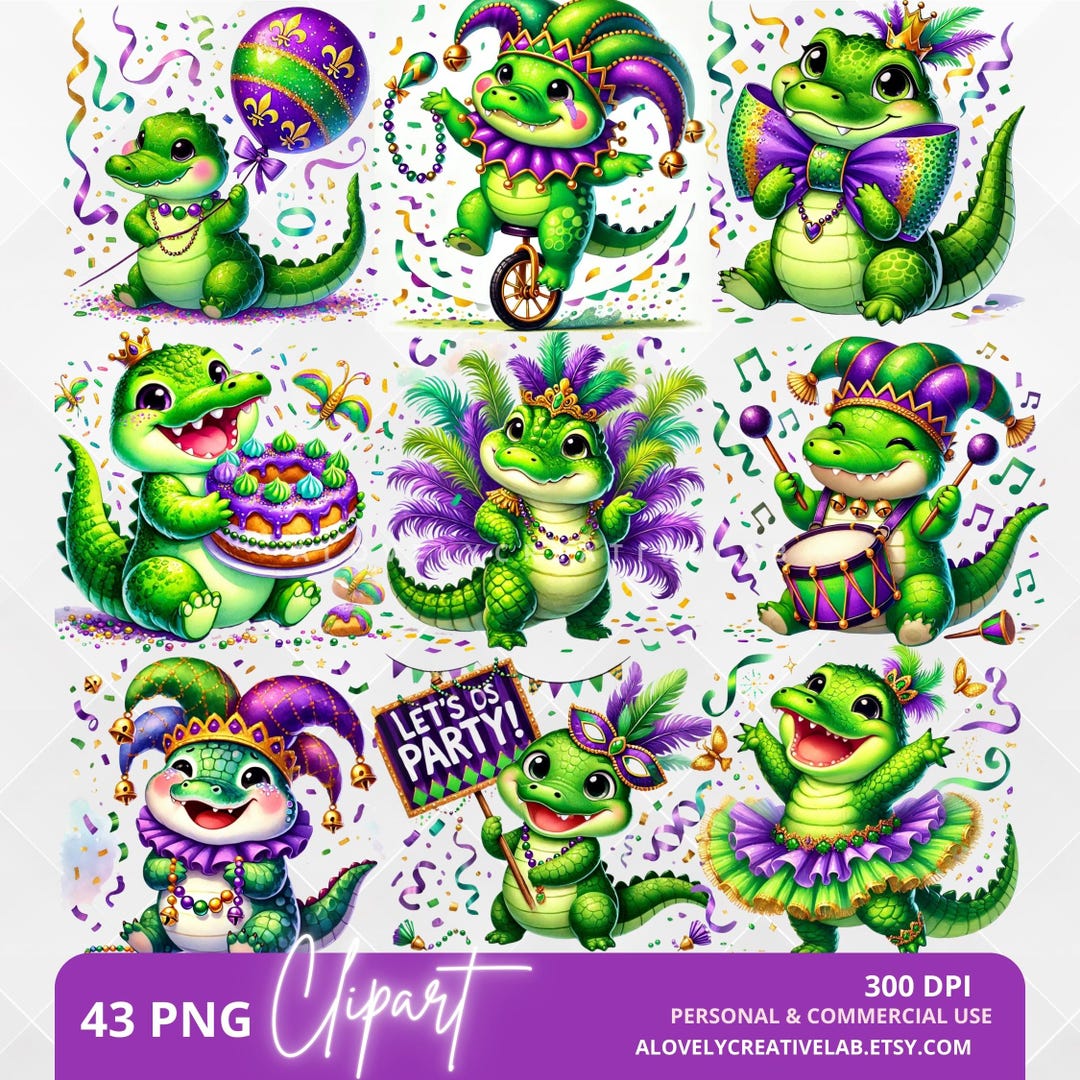 Mardi Gras Gators Clipart, Cute Alligator Party PNG, Festive Gator ...