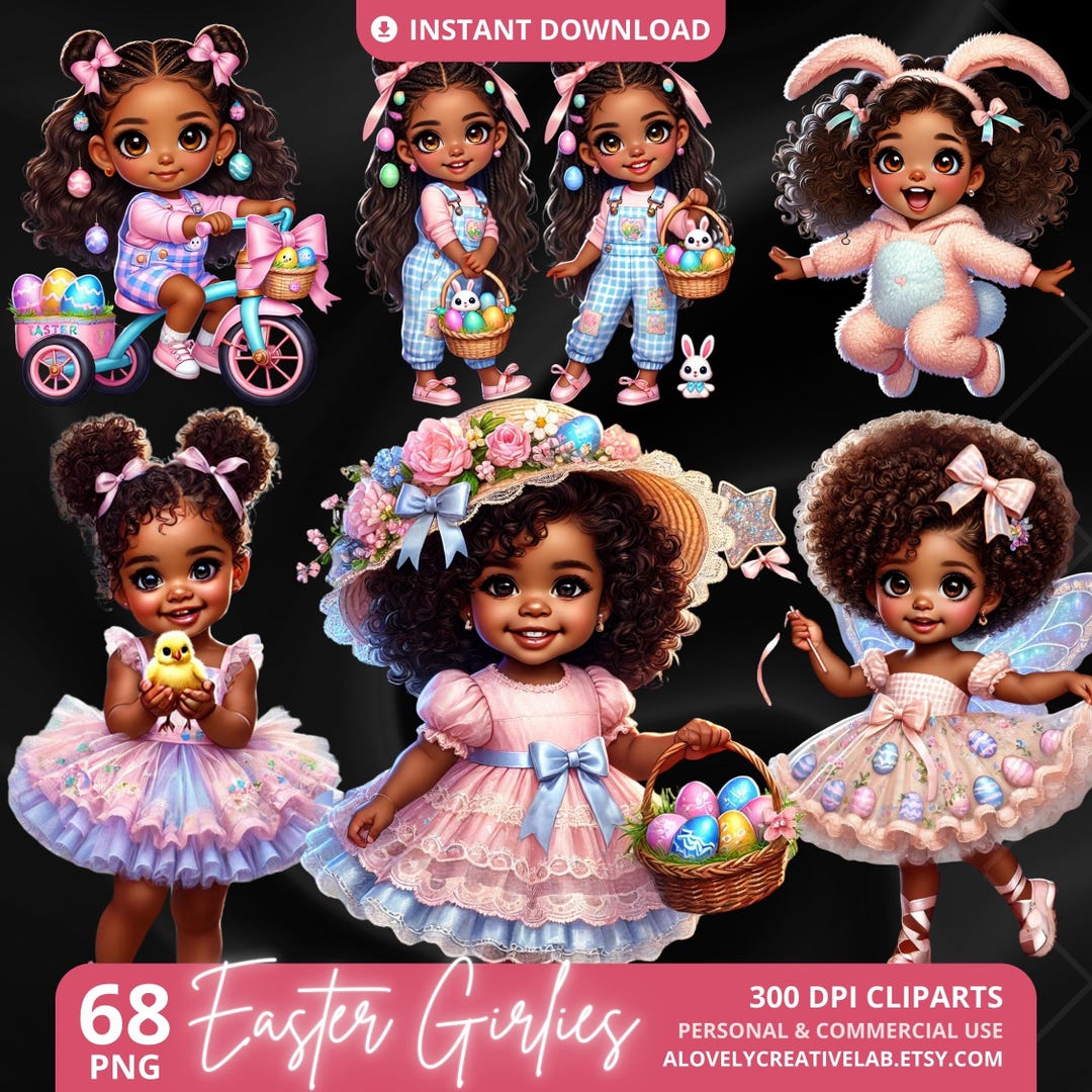 Easter Girls Clipart Bundle, Cute Black Girl PNG, Pastel Easter Digital ...