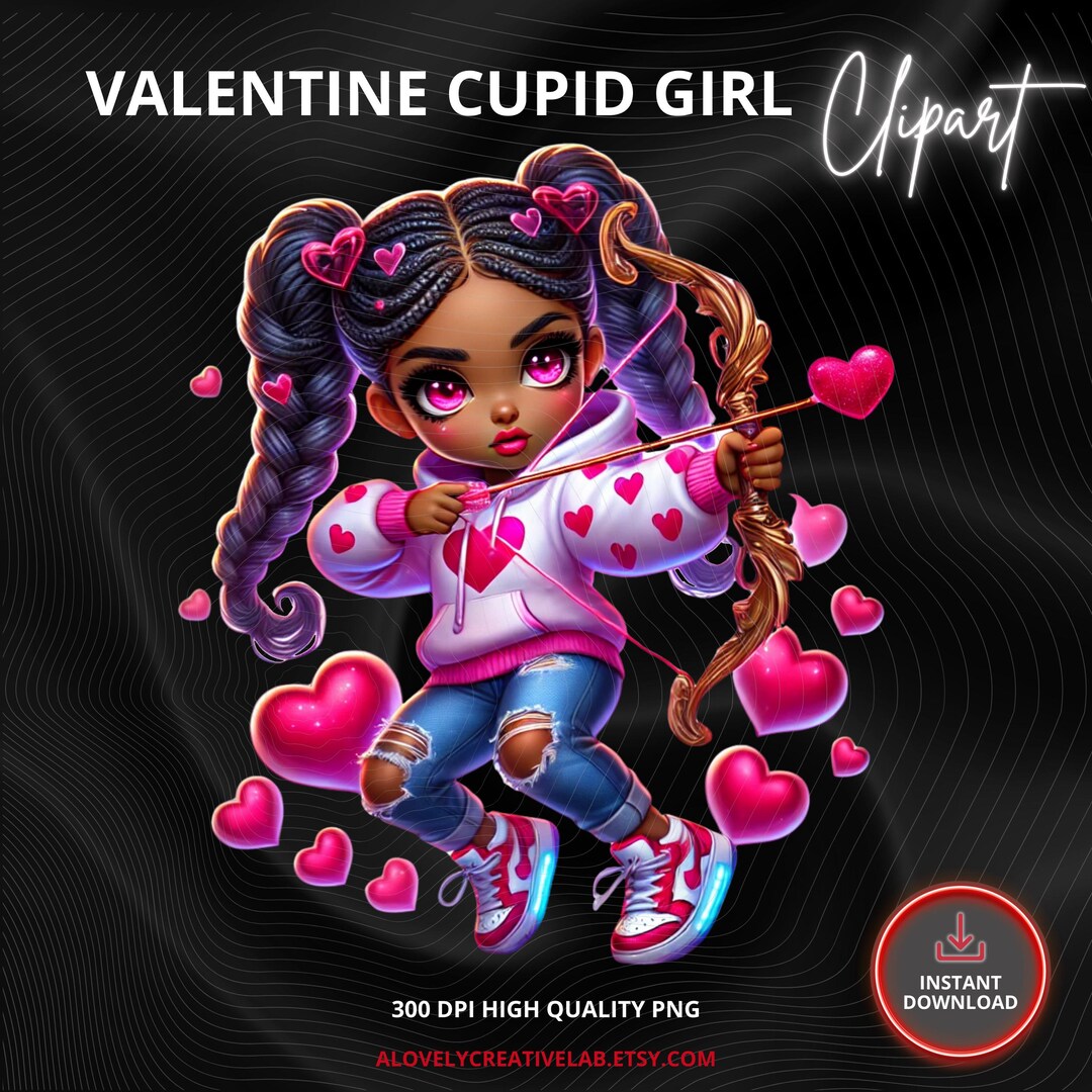 Chibi Black Girl Cupid Clipart for Valentine's Day, Love Cupids PNG ...