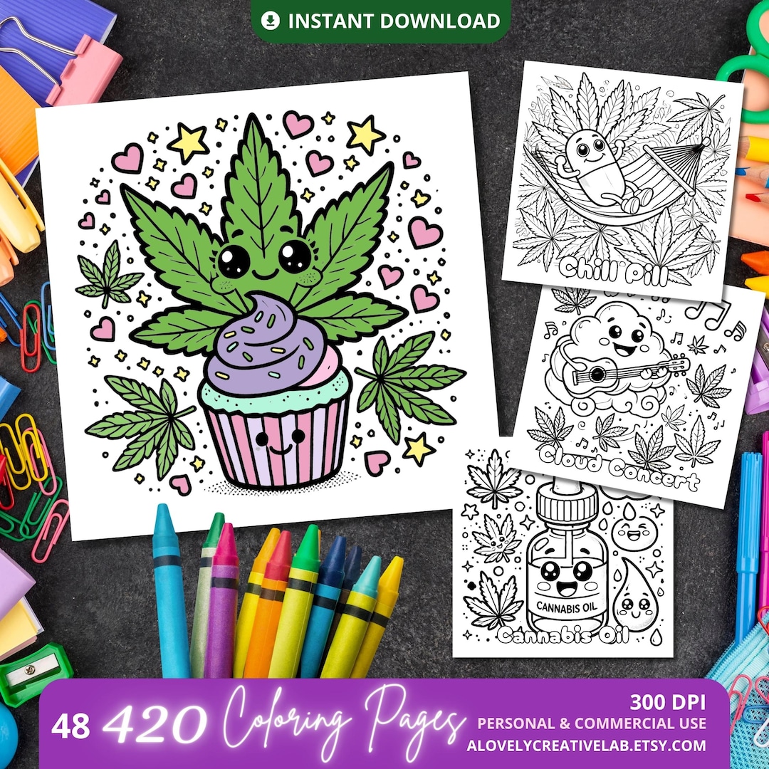 420 Cannabis, 48 Coloring Pages, Cute Kawaii Digital Coloring Book ...