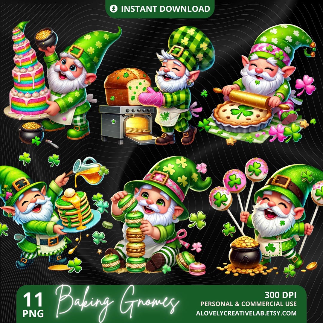 St. Patrick’s Day Baking Gnomes Clipart, Cute Green Gnome PNG ...
