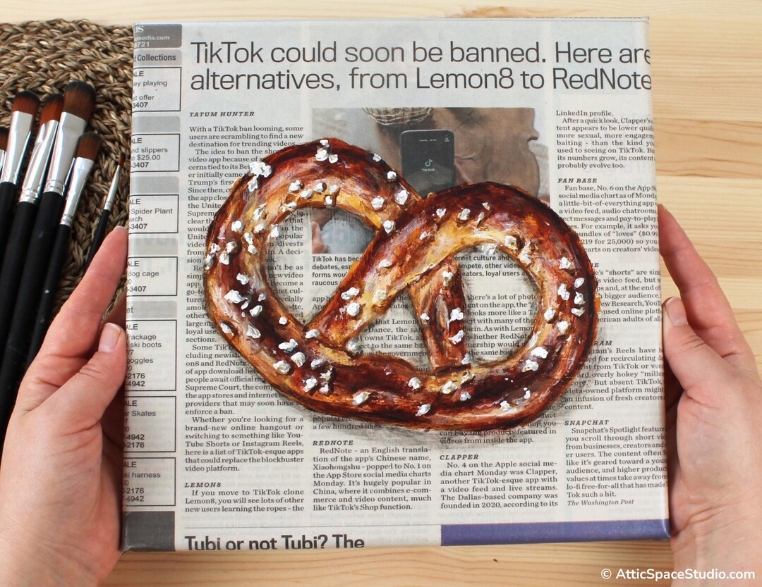 Pretzel on Newspaper: Original Painting, Bakery Food Artwork, Realistic ...