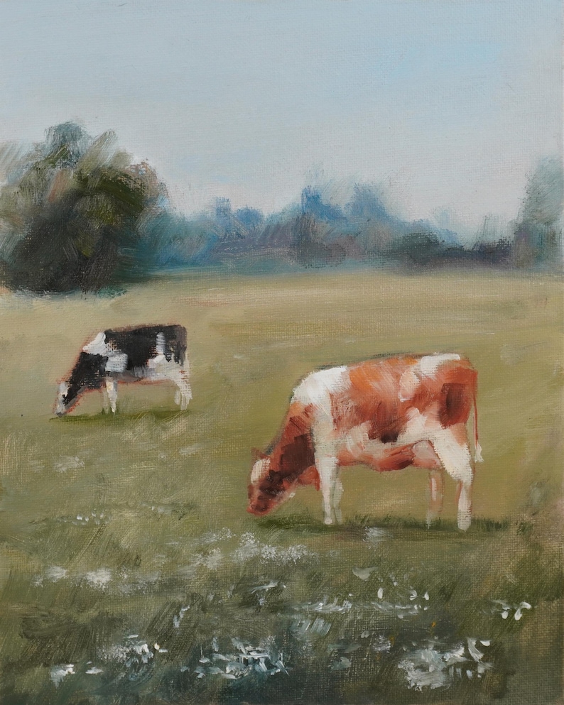Grazing Cows Original Oil Painting: Two Cows in a Green Field, Pastoral ...