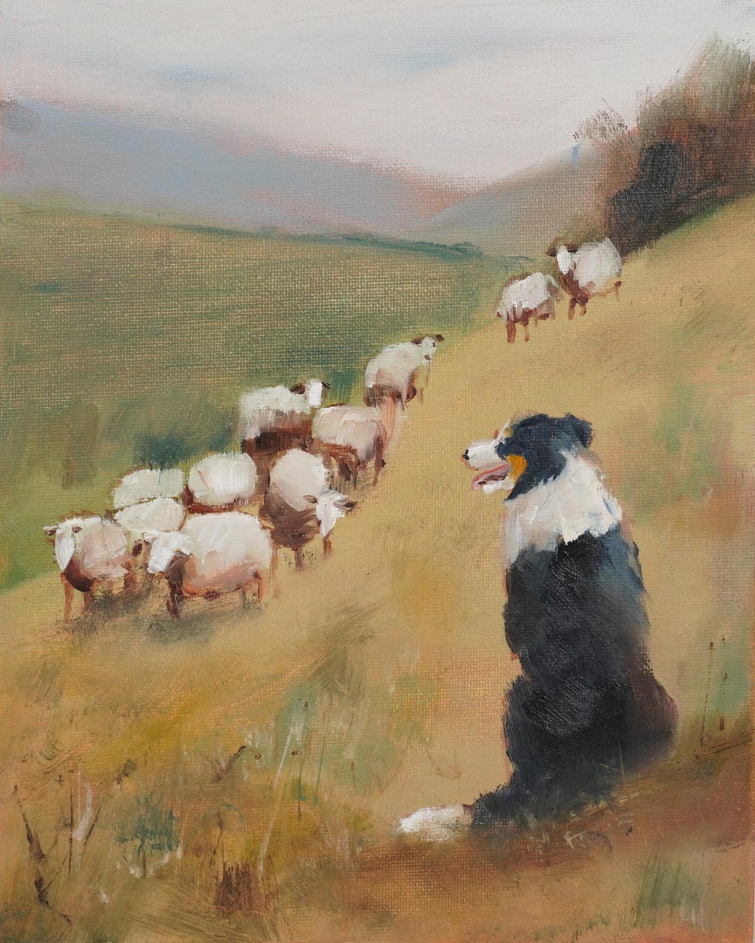 Sheepdog and Sheep ORIGINAL Oil Painting: Pastoral Dog Watching Flock ...
