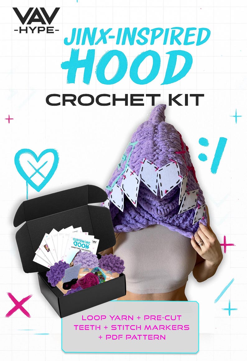 Jinx Hood Crochet Kit – DIY Cosplay Pattern + Loop Yarn, Pre-cut Teeth ...