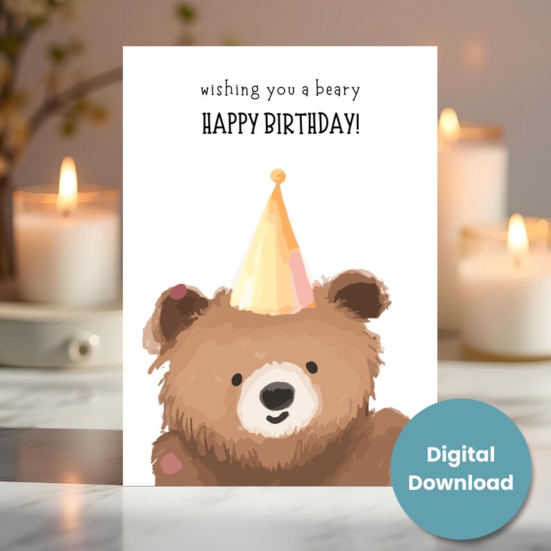 Happy Birthday Card - Digital Download - Bear Birthday Card - Cute Bear ...
