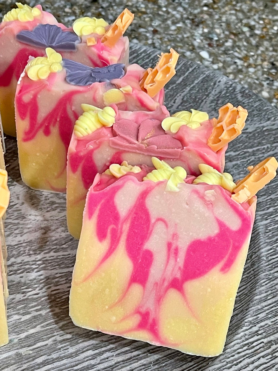 Honey and Hibiscus Soap Bar, Featuring Vibrant Pink and Yellow Swirls ...