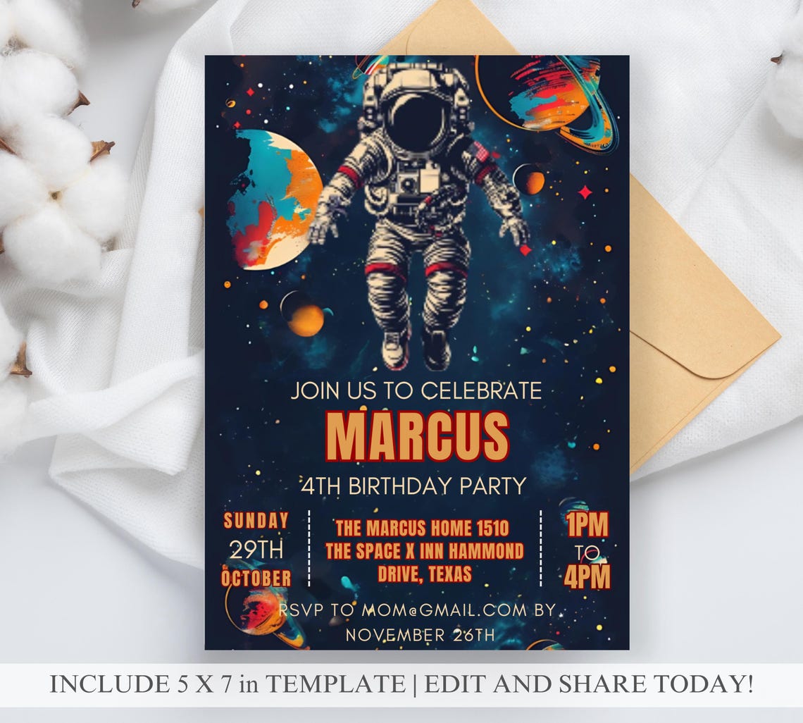 Outer Space Birthday Invitation Template, Planets Rocket Ship Astronaut ...