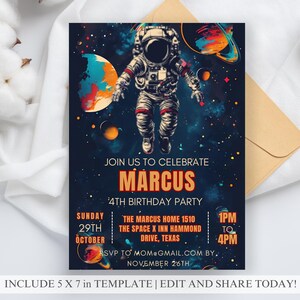 Outer Space Birthday Invitation Template, Planets Rocket Ship Astronaut ...