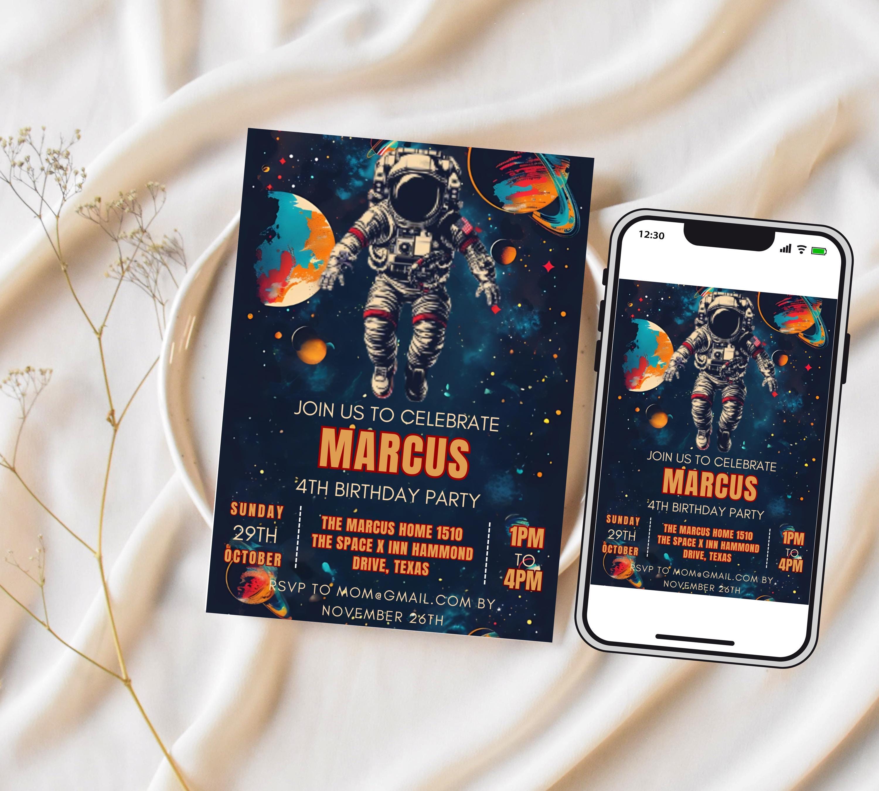 Outer Space Birthday Invitation Template, Planets Rocket Ship Astronaut ...