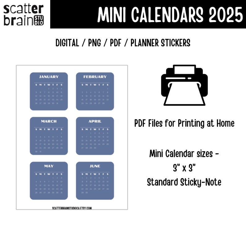 2025 Mini Calendars Digital Download for Digital Planners or Print for ...