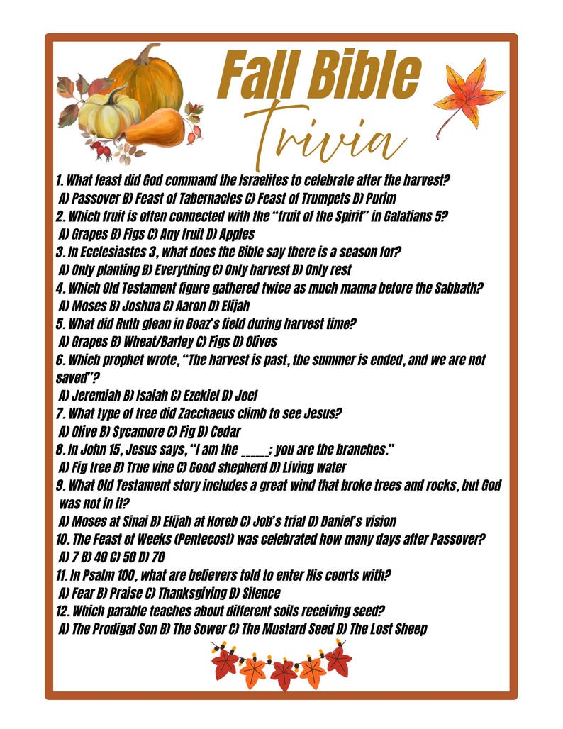 Fall Bible Trivia Game Printable • Autumn Sunday School Quiz ...