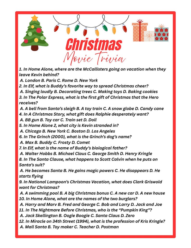 Christmas Movie Trivia Game Printable | Holiday Party Quiz | Family ...
