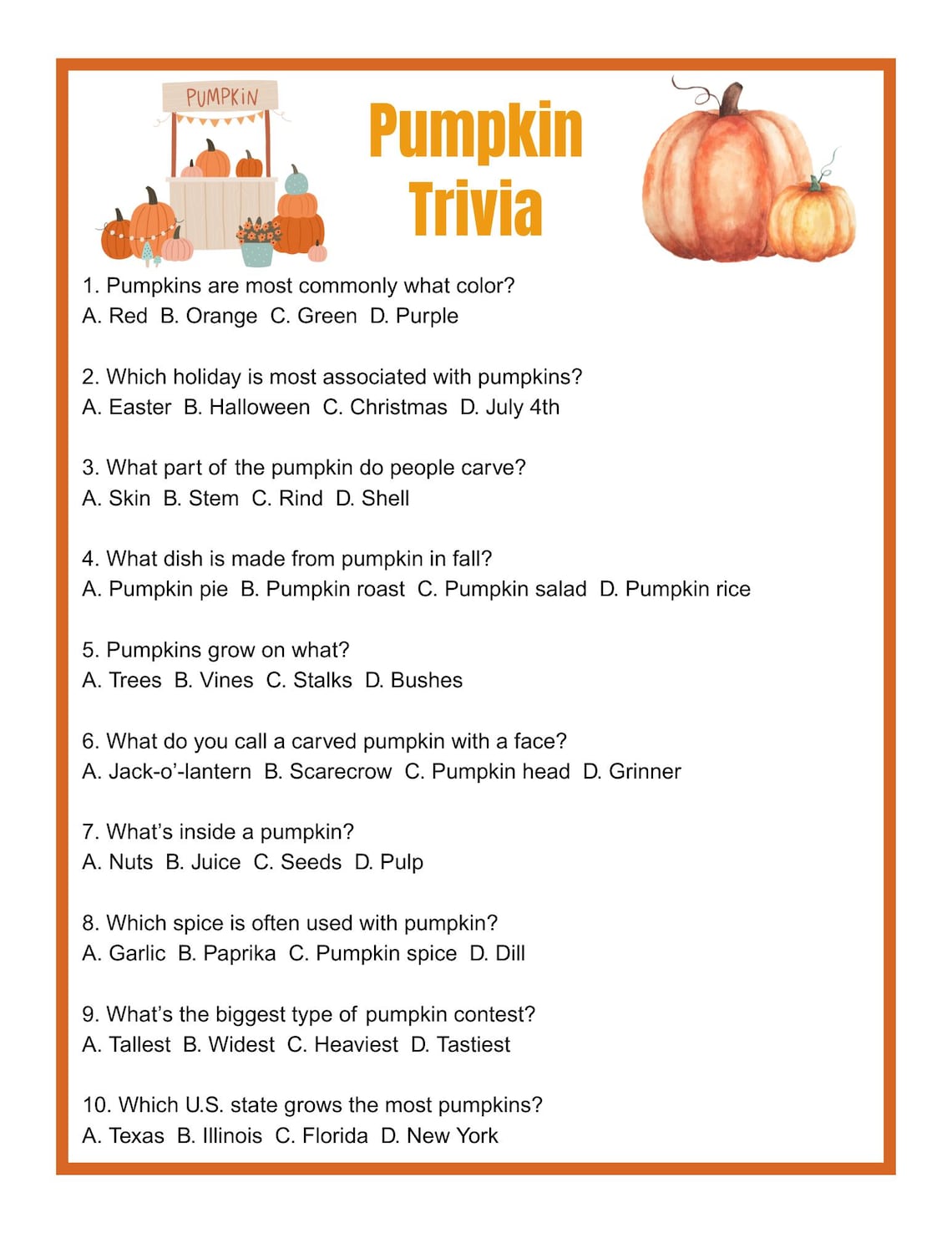 Pumpkin Trivia Game Printable • Fall Party Quiz • Thanksgiving Family ...