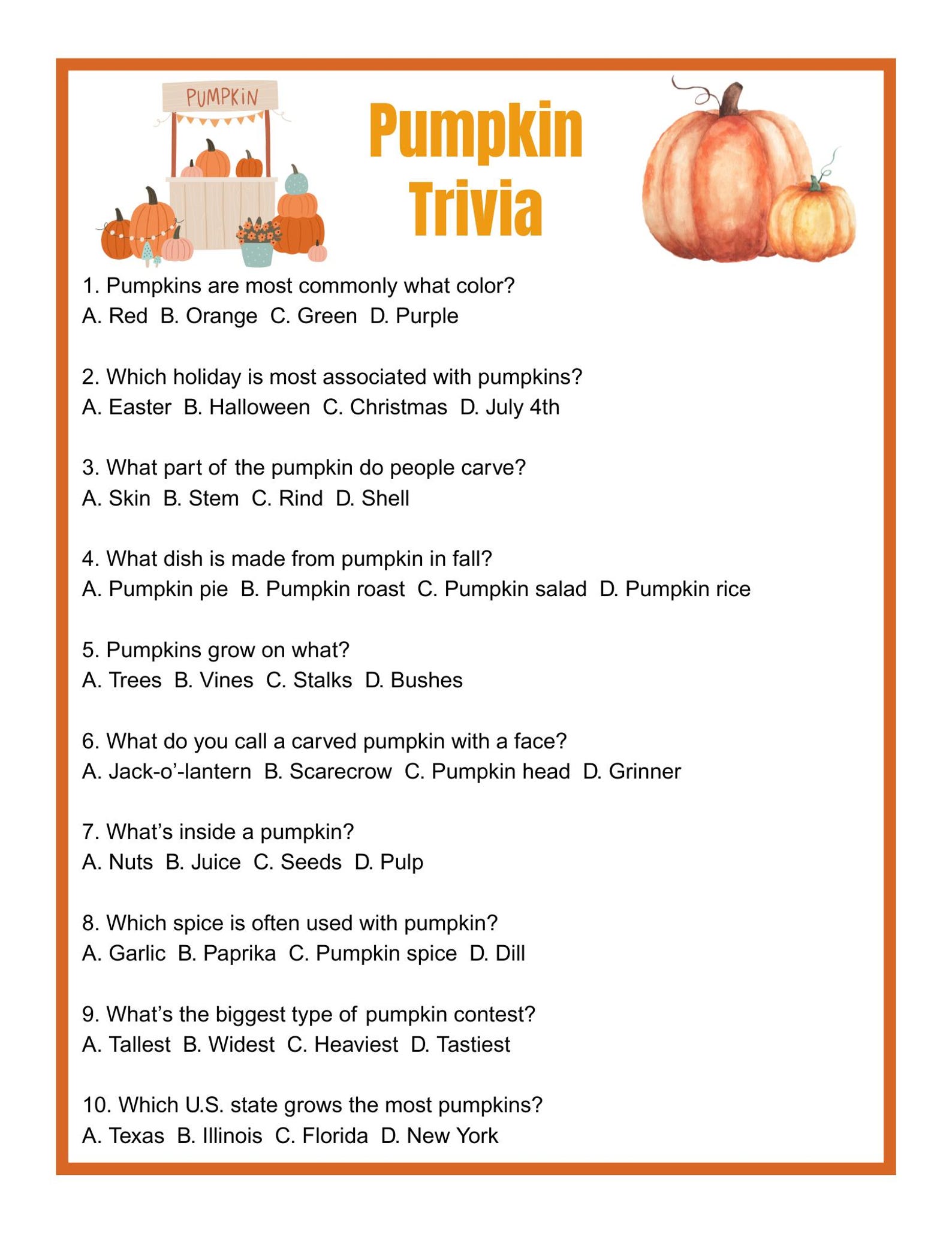 Pumpkin Trivia Game Printable • Fall Party Quiz • Thanksgiving Family ...