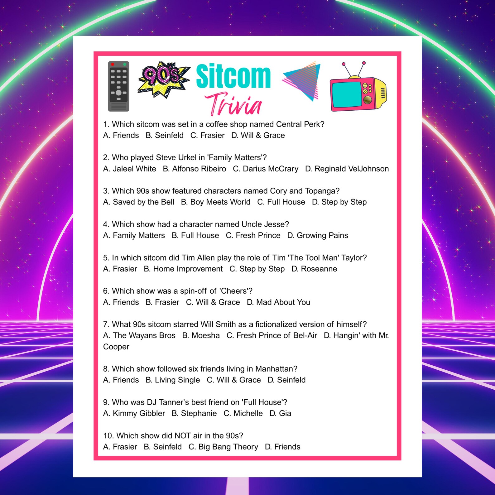 90s Sitcom Trivia Game: Printable Party Game (instant Download - Etsy
