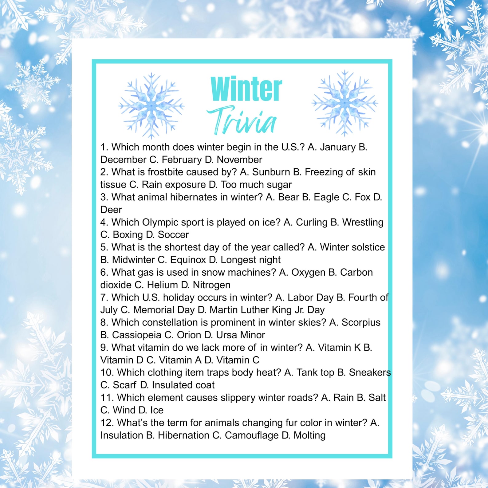 Winter Trivia Game - Fun Printable Quiz for Family Gatherings ...