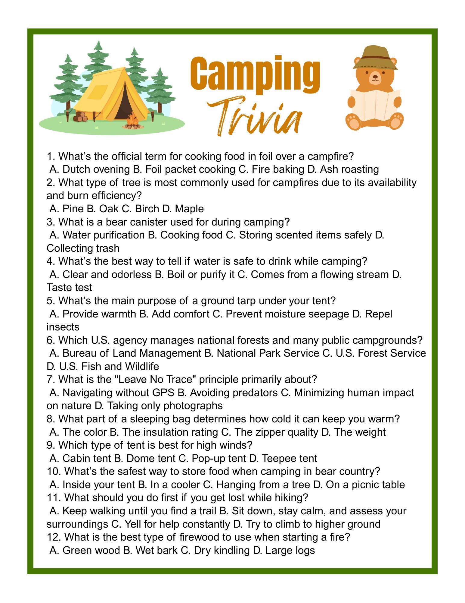 Camping Trivia Game - Fun Printable Quiz for Campfires, Family Trips ...