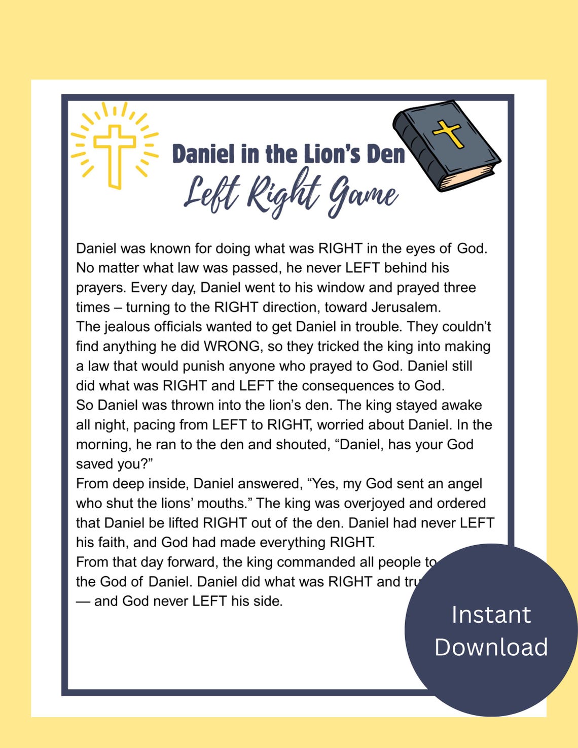 Daniel in the Lion’s Den Left Right Game | Bible Party Printable ...