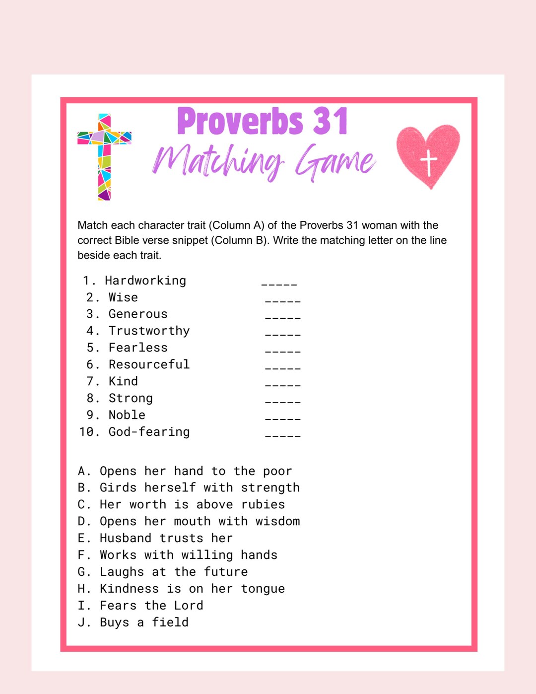 Proverbs 31 Matching Game: Christian Women's Bible Study (PDF Download ...