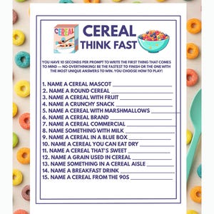 Cereal Think Fast Game: Fun Breakfast Party Activity (instant PDF ...