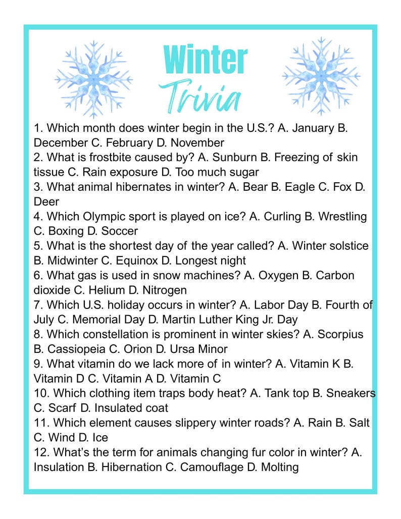 Winter Trivia Game - Fun Printable Quiz for Family Gatherings ...