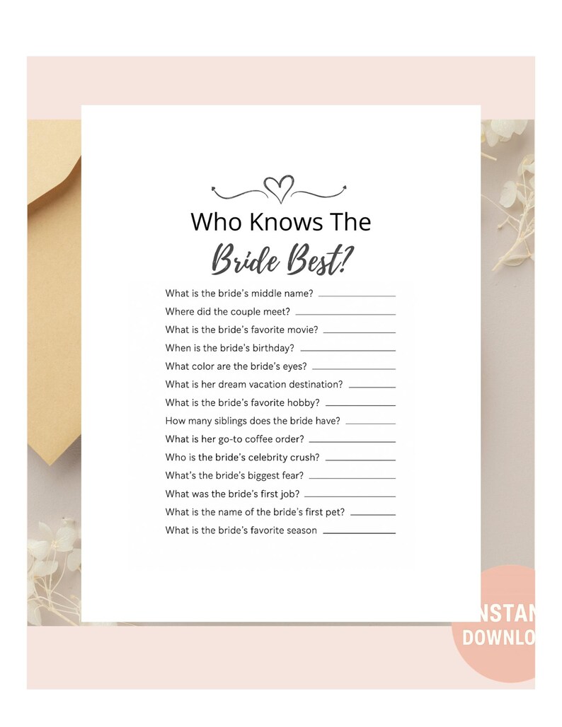 Who Knows the Bride Best, Bridal Shower Game – Blush Pink Printable ...