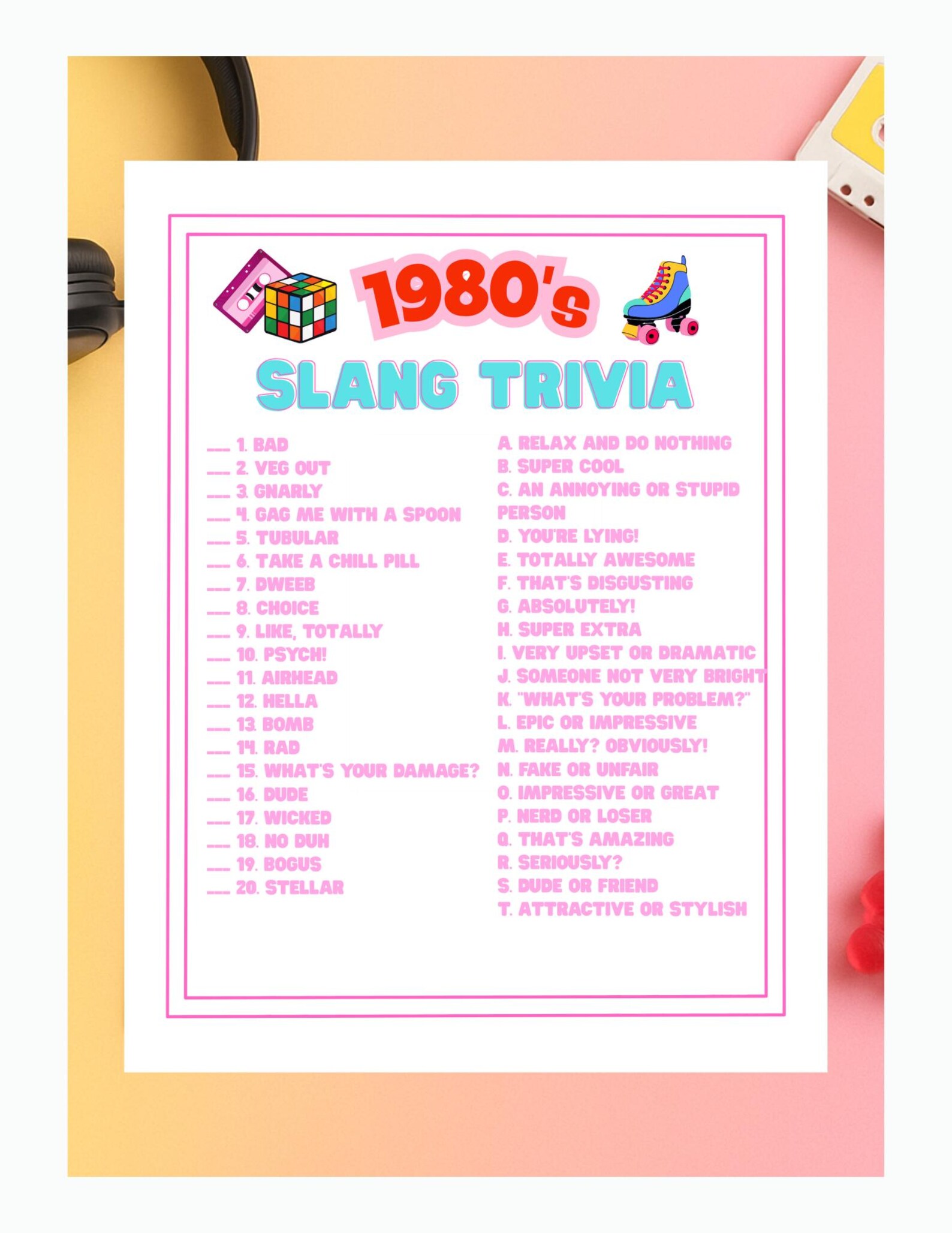 1980s Slang Matching Game: Retro Party Trivia (printable PDF Download ...
