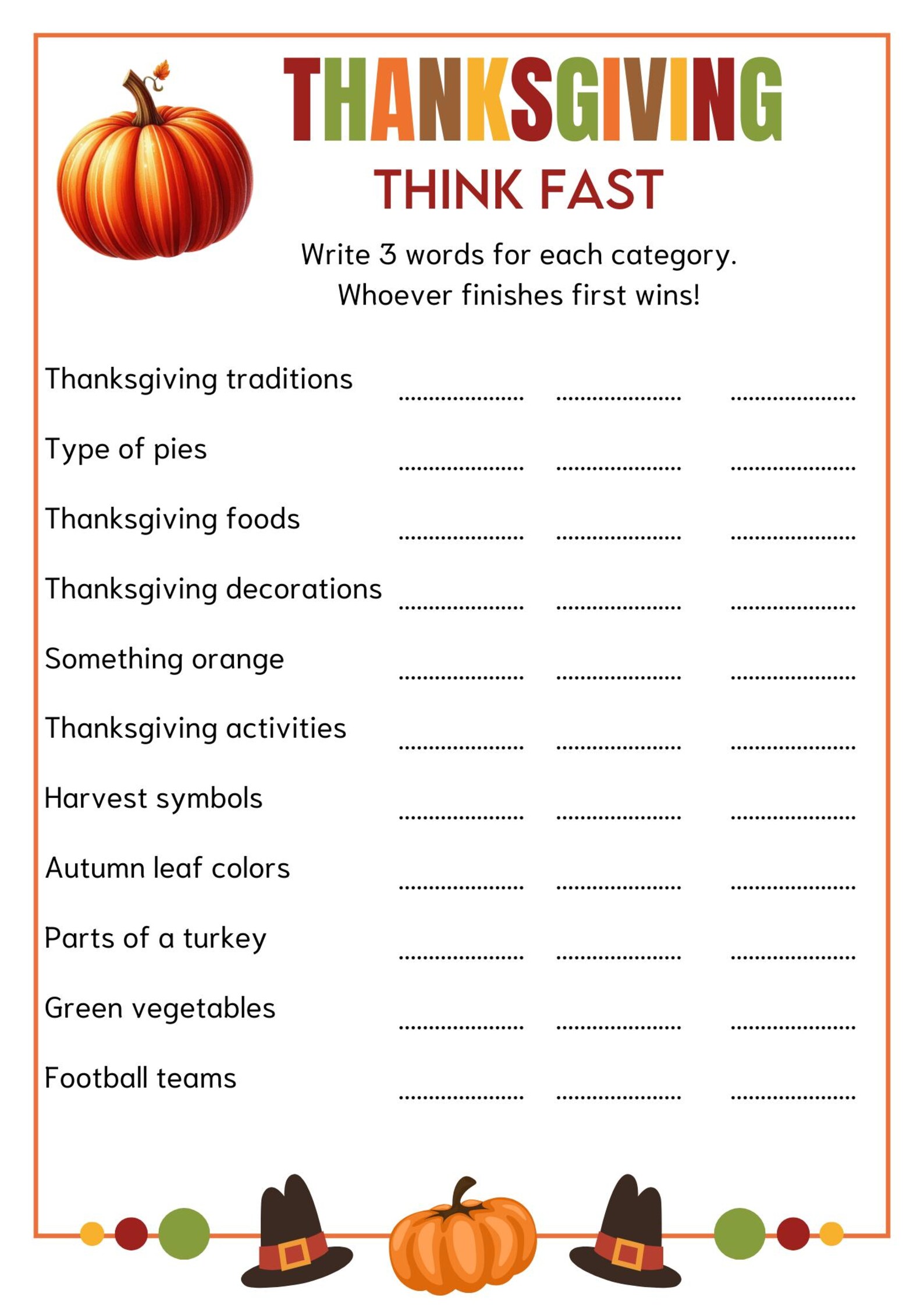 Thanksgiving Think Fast Game Printable, Friendsgiving Party Game ...