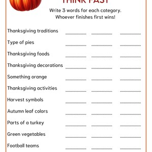 Thanksgiving Think Fast Game Printable, Friendsgiving Party Game ...
