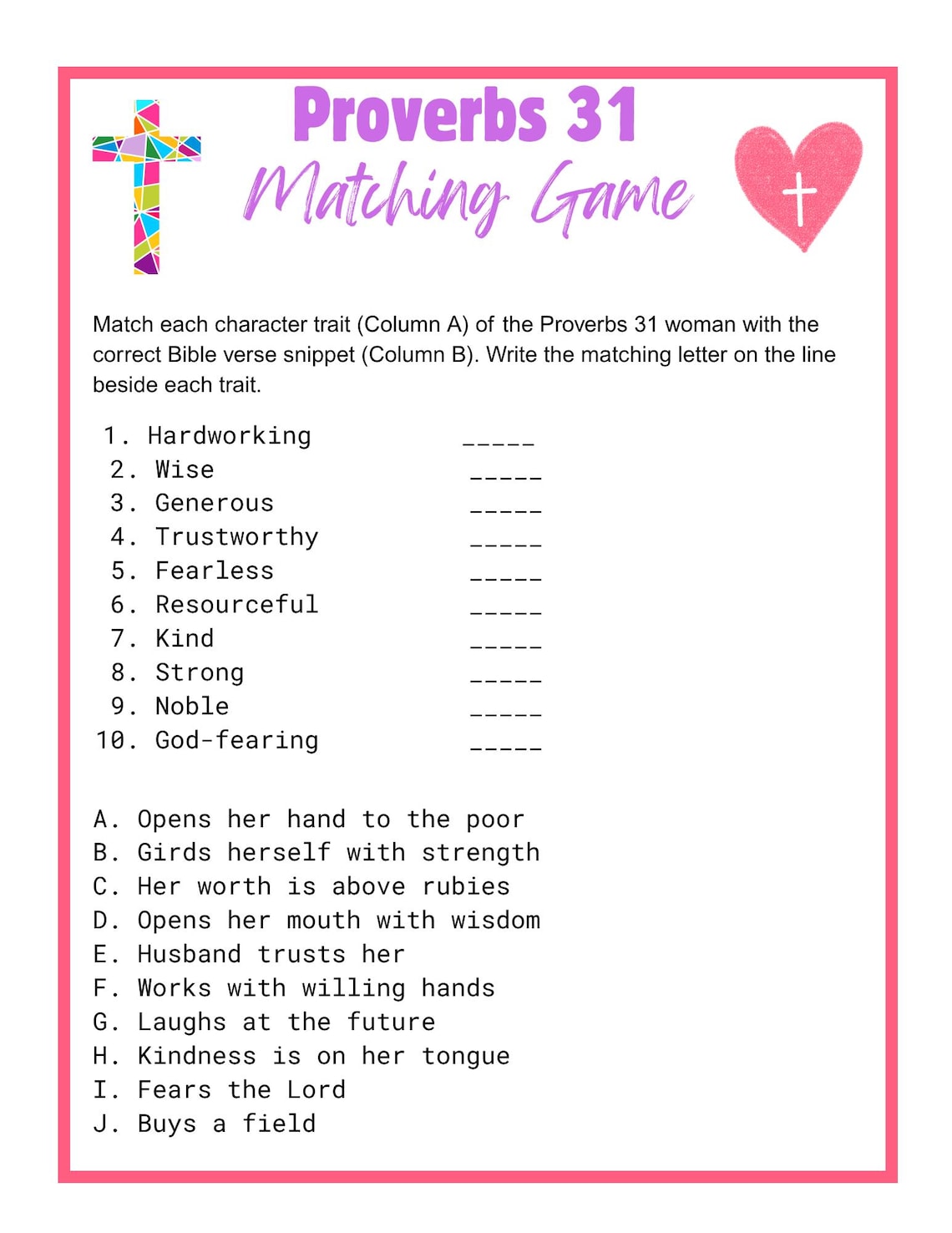 Proverbs 31 Matching Game: Christian Women's Bible Study (PDF Download ...