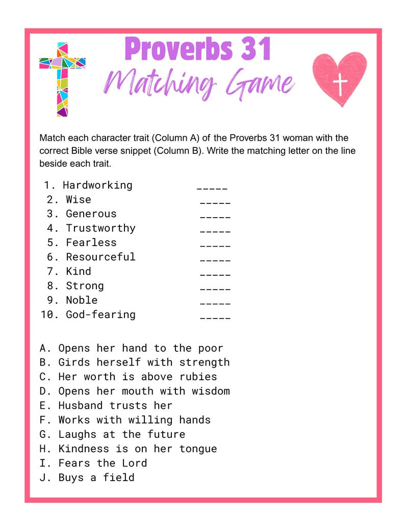 Proverbs 31 Matching Game: Christian Women's Bible Study (PDF Download ...