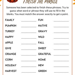 Thanksgiving Finish the Phrase Game Printable, Fun Thanksgiving Party ...