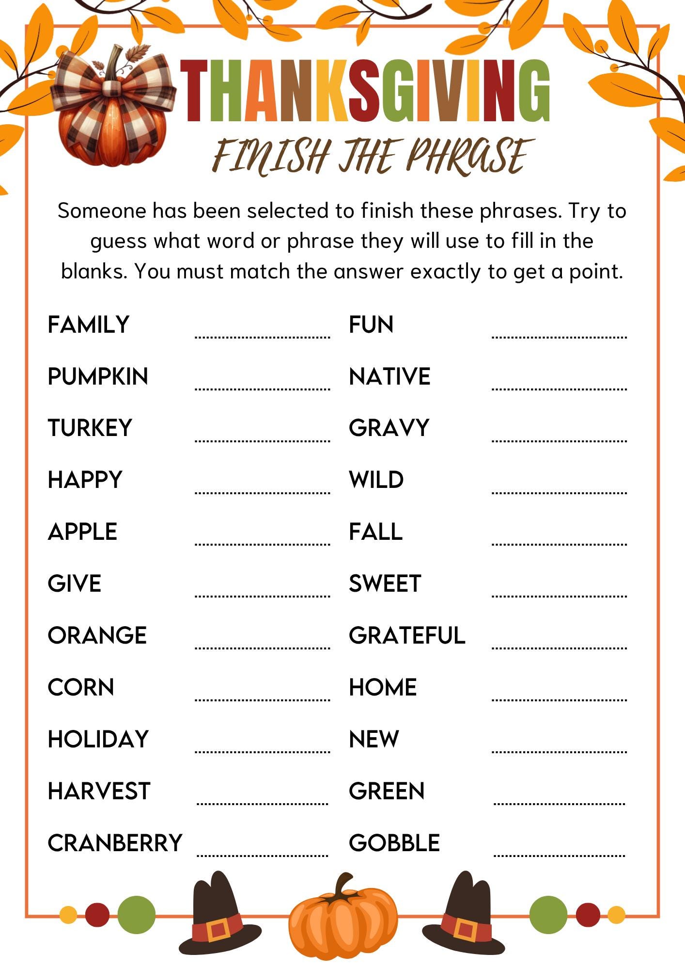 Thanksgiving Finish the Phrase Game Printable, Fun Thanksgiving Party ...