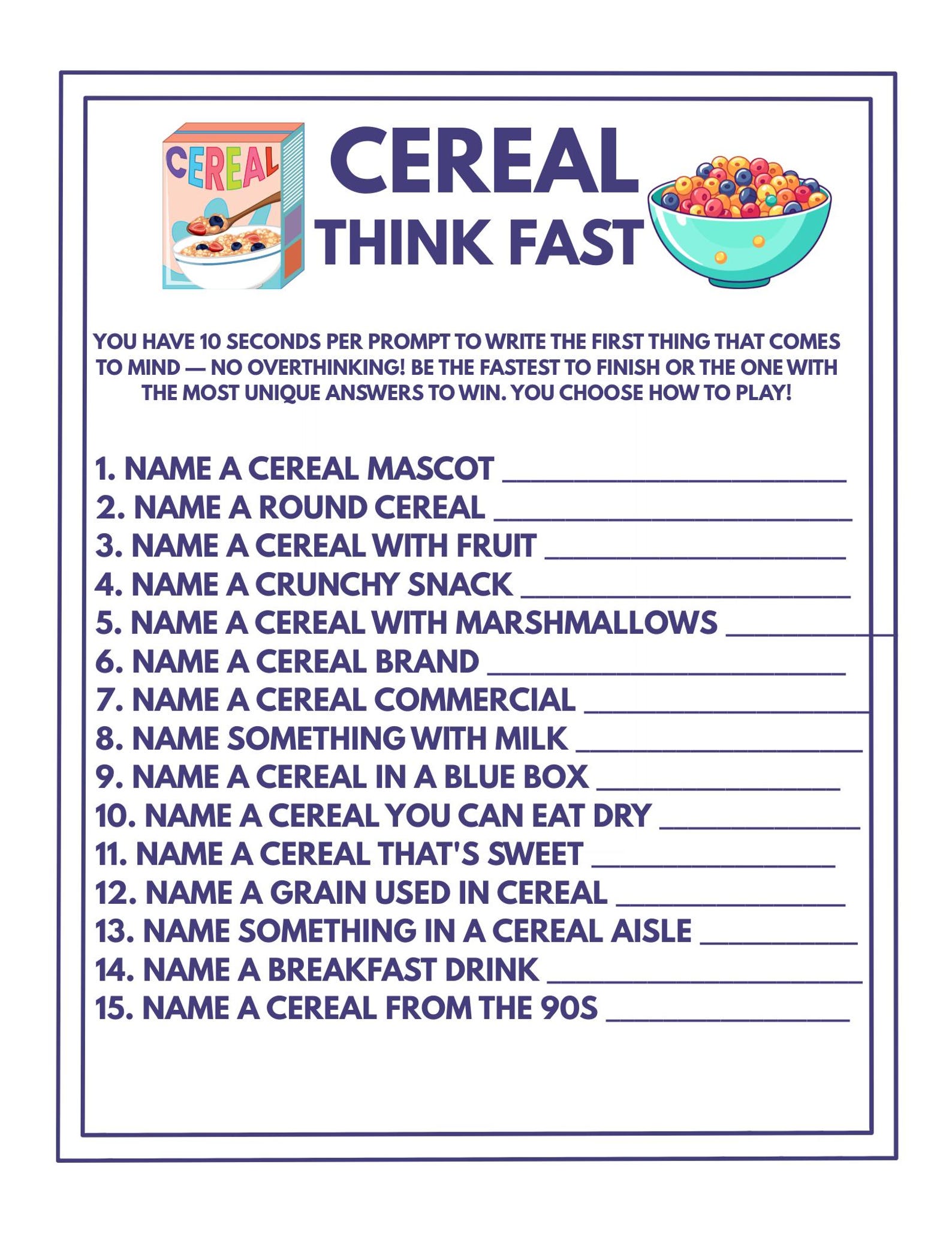 Cereal Think Fast Game: Fun Breakfast Party Activity (instant PDF ...