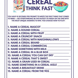 Cereal Think Fast Game: Fun Breakfast Party Activity (instant PDF ...