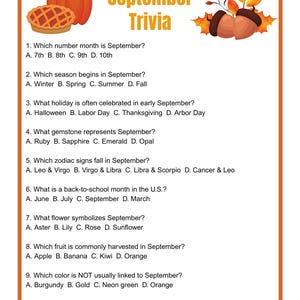 September Trivia Game Printable • Fall Party Quiz • Back to School ...