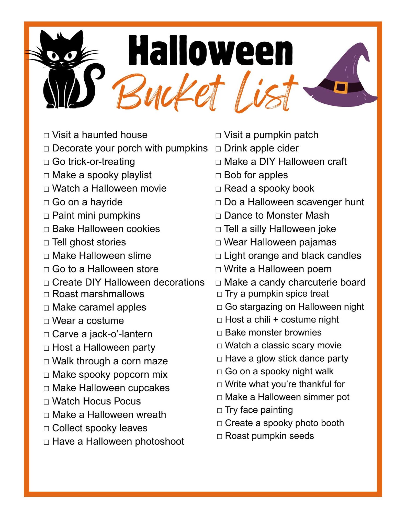 Halloween Bucket List Printable • Spooky Fall Activity Planner • Family ...