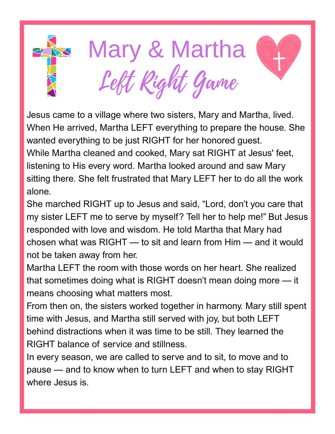 Mary & Martha Left Right Game – Printable Christian Bible Story Game ...