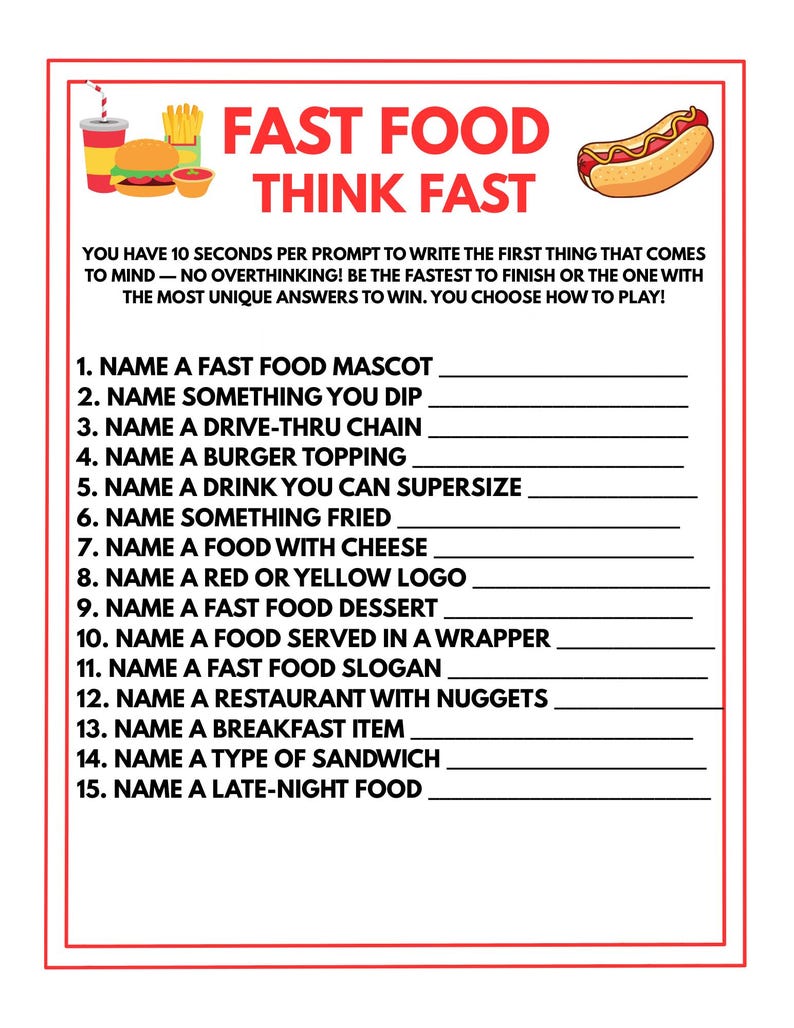 Fast Food Think Fast Game Printable | Funny Party Icebreaker | Food ...