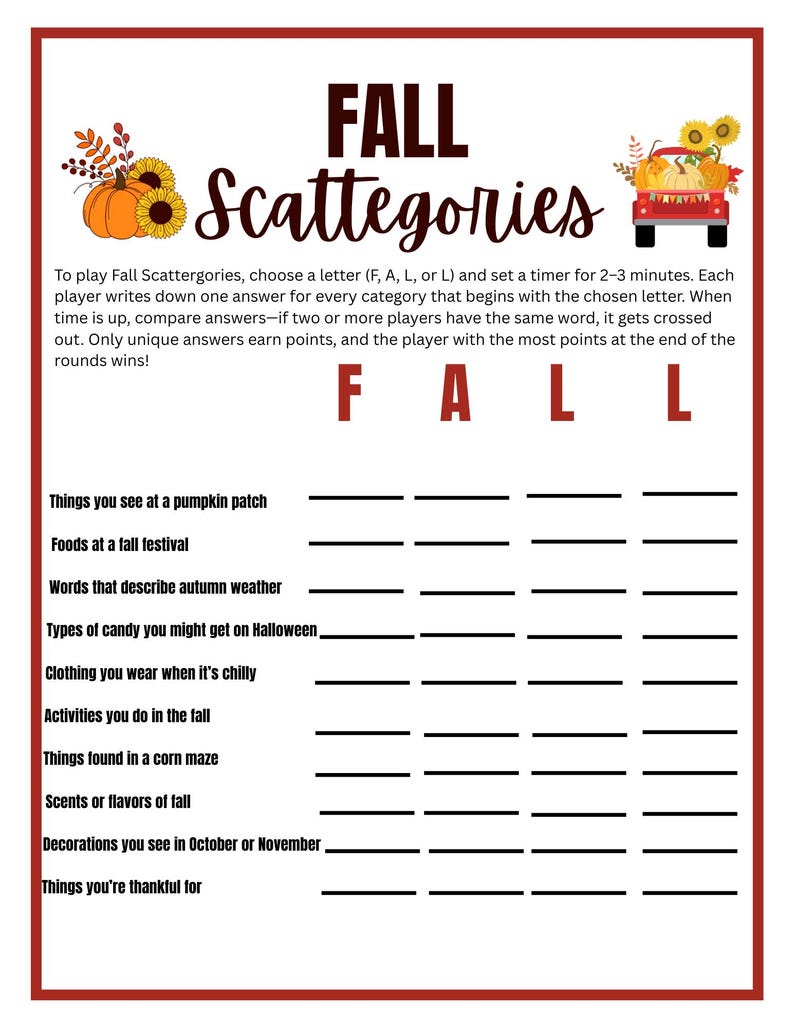 Fall Scattergories Game | Printable Autumn Party Game | Family-friendly ...