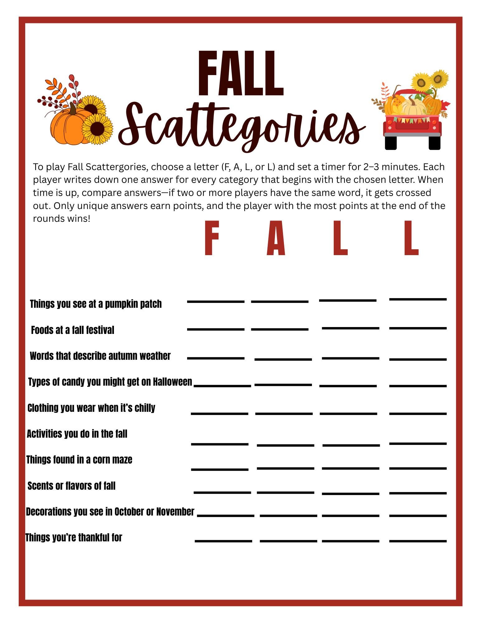 Fall Scattergories Game | Printable Autumn Party Game | Family-friendly ...