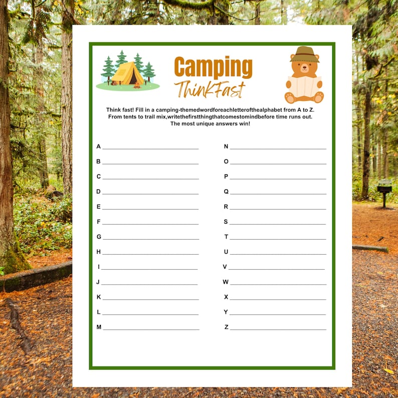 Camping Think Fast Game - Fun Printable Quiz for Campfires, Family ...