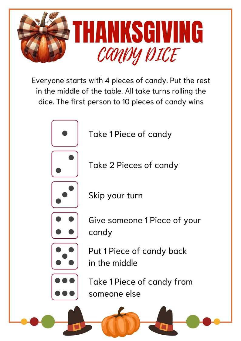 Thanksgiving Candy Dice Game Printable, Fun Fall Party Game ...