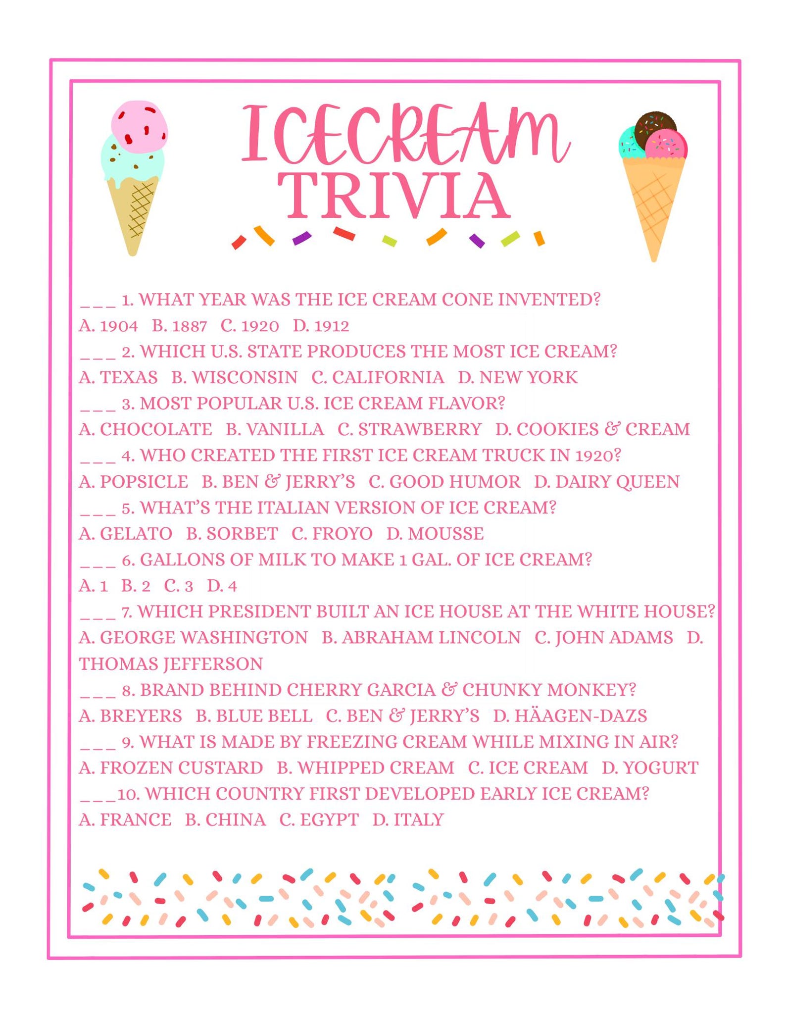 Ice Cream Trivia Game: Printable Summer Party Activity (PDF Download - Etsy