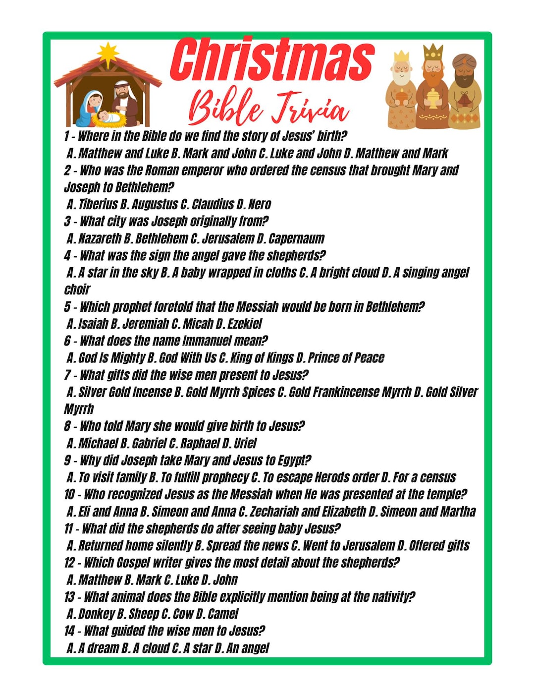 Christmas Bible Trivia Game Printable | Christian Christmas Party Game ...