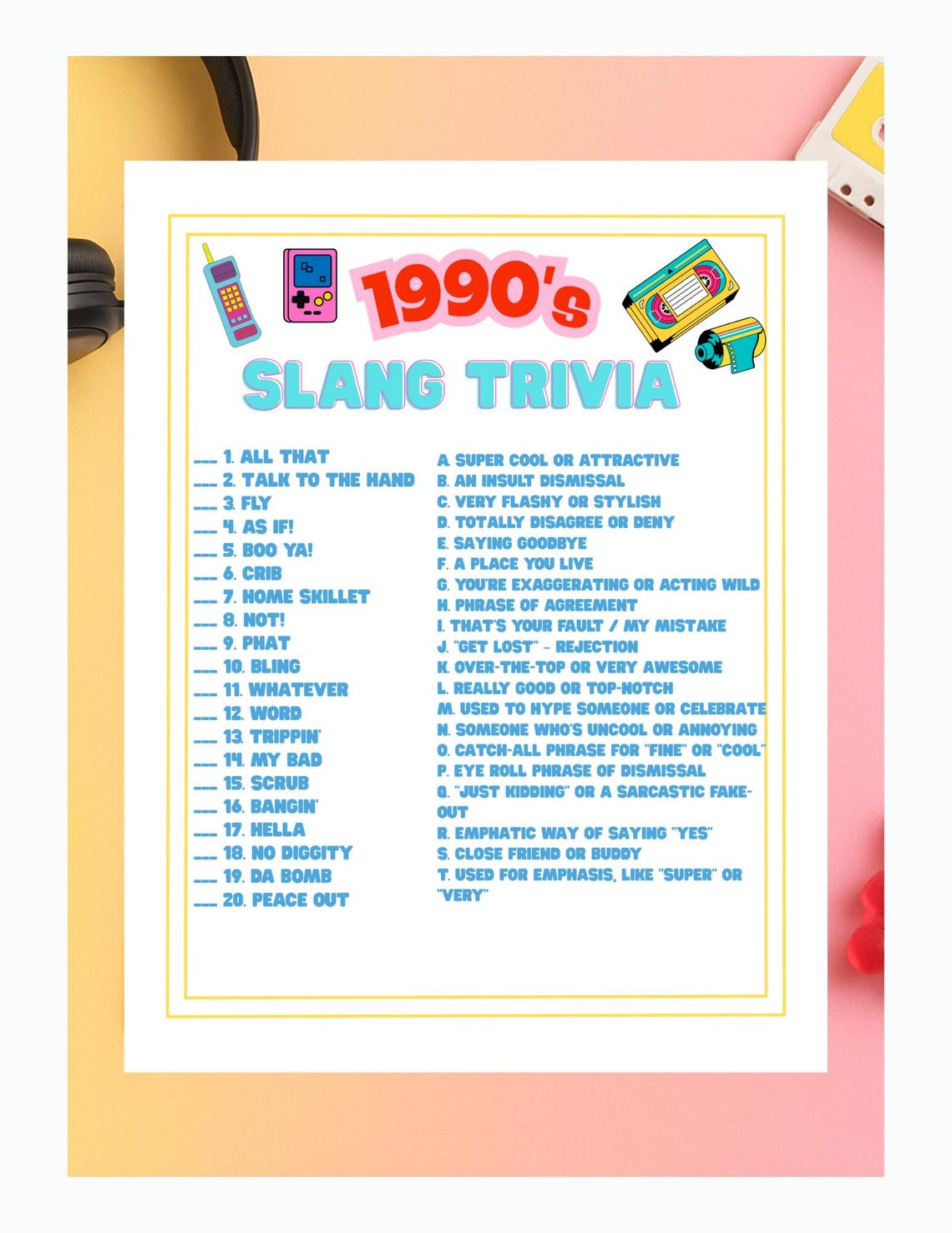 1990s Slang Trivia Game: Printable Retro Party Quiz (PDF Download) - Etsy