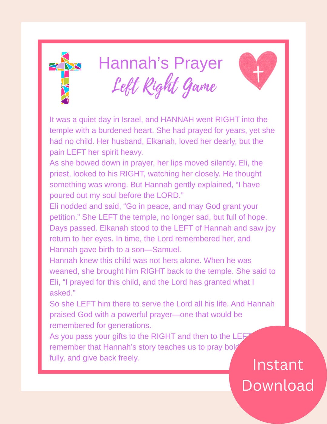 Hannah's Prayer Left Right Game: Christian Printable (PDF Download) - Etsy